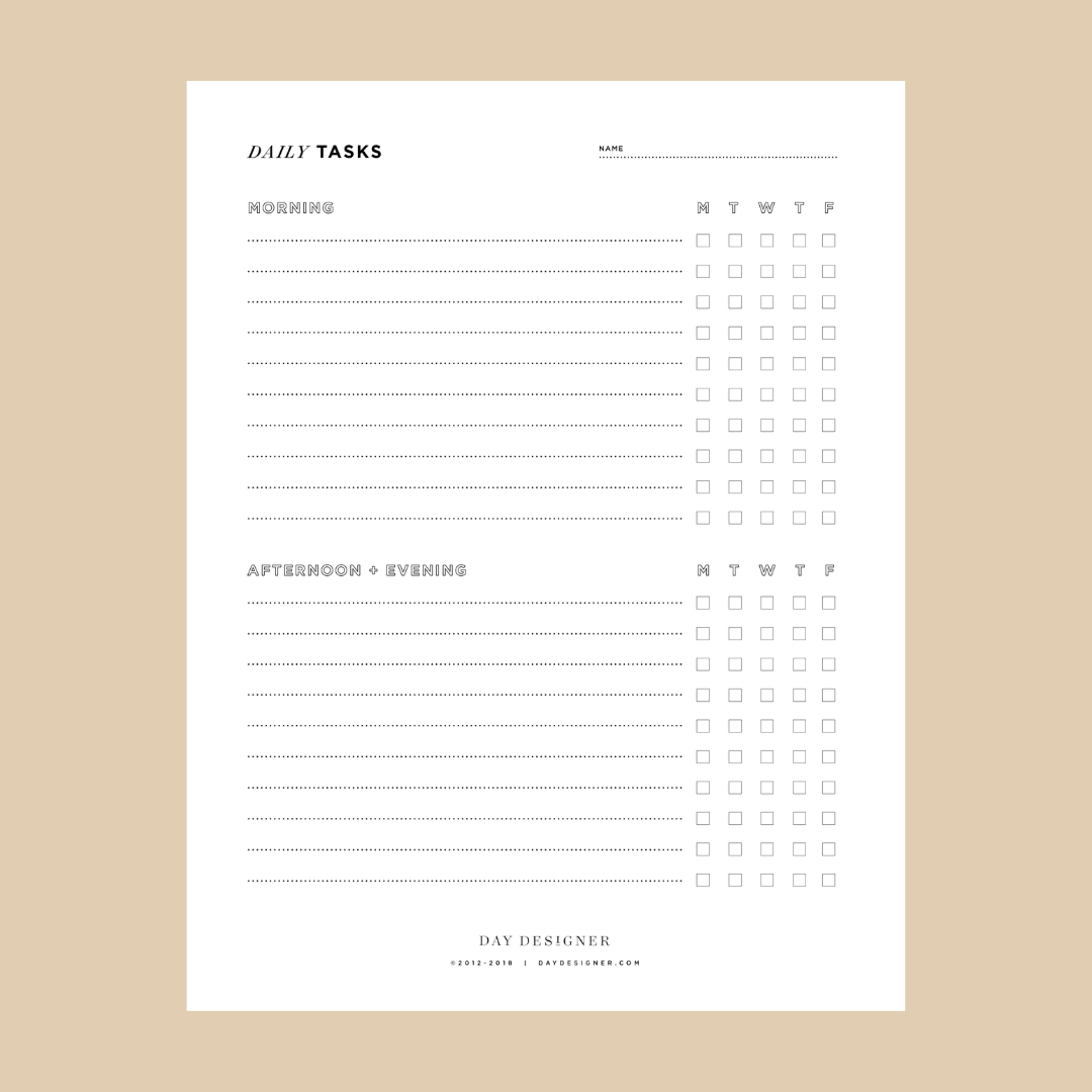 Free Daily Tasks Checklist Printable | Day Designer